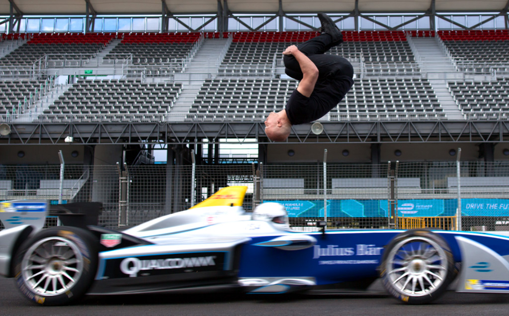 Man completes blind backflip over speeding Formula E racer