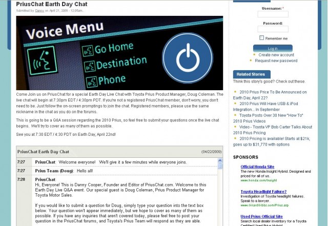 PriusChat Earth Day Live Chat on 2010 Prius Offers Two Small Bits of News